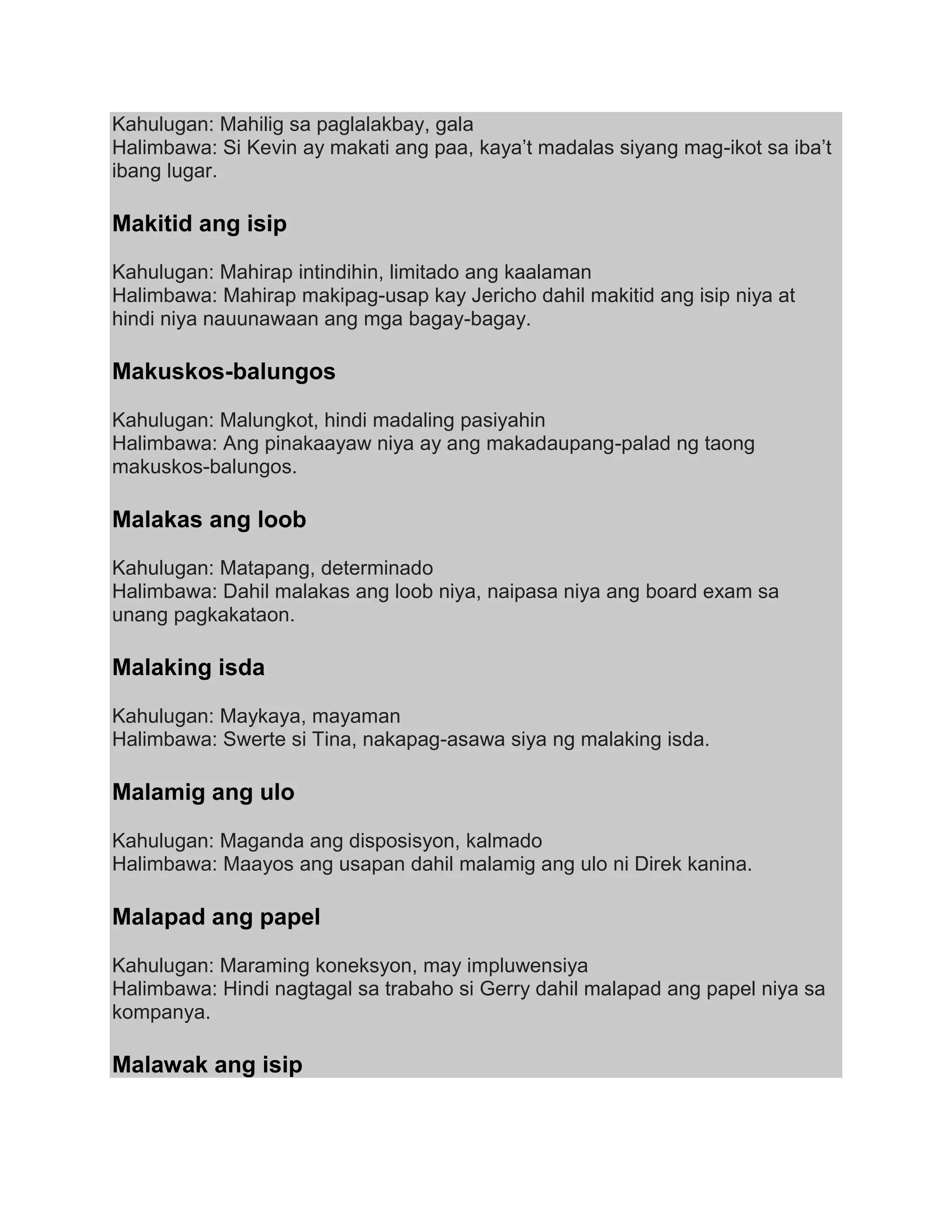 mga halimbawa ng sawikain para sa lahat ng antas | DOCX