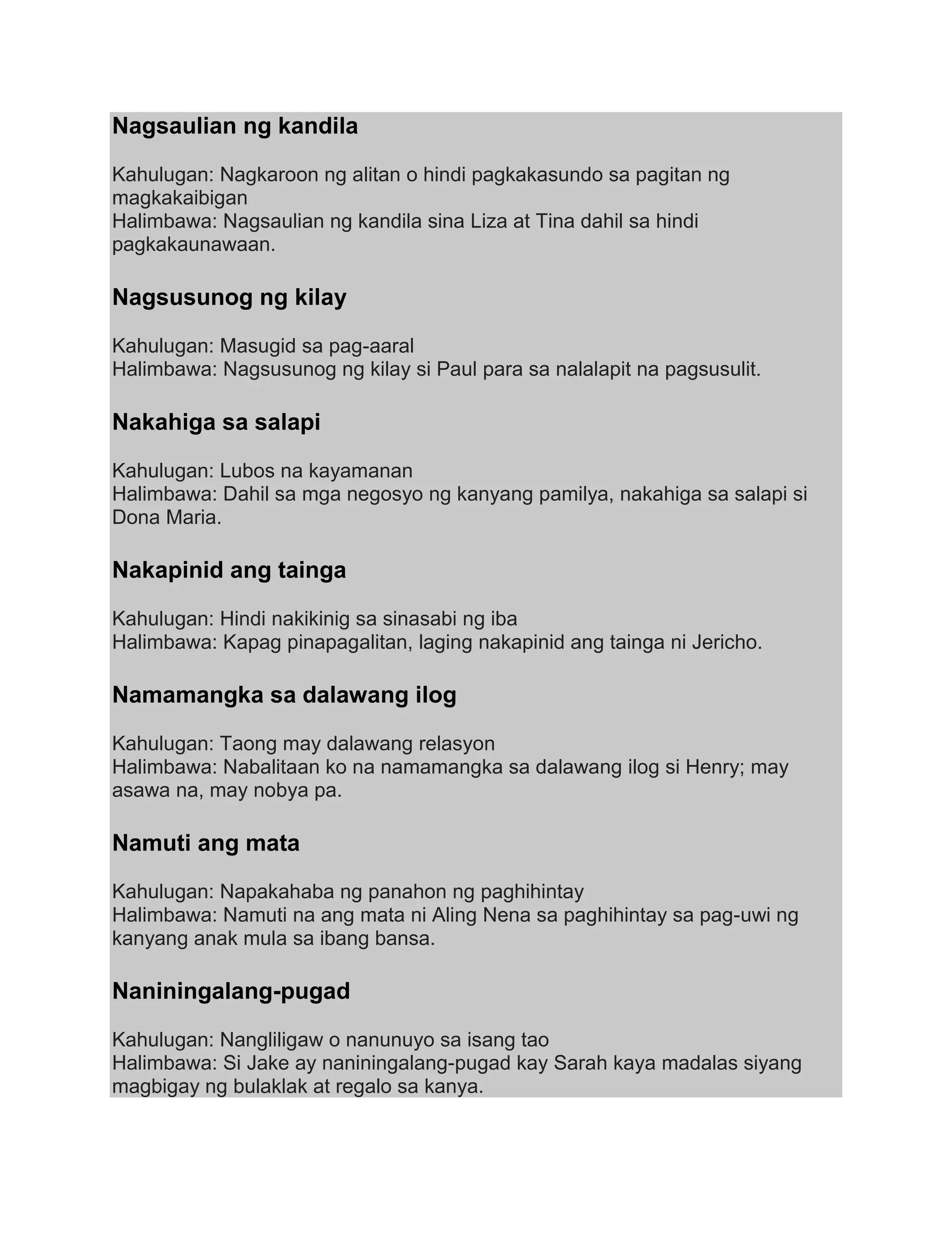 mga halimbawa ng sawikain para sa lahat ng antas | DOCX