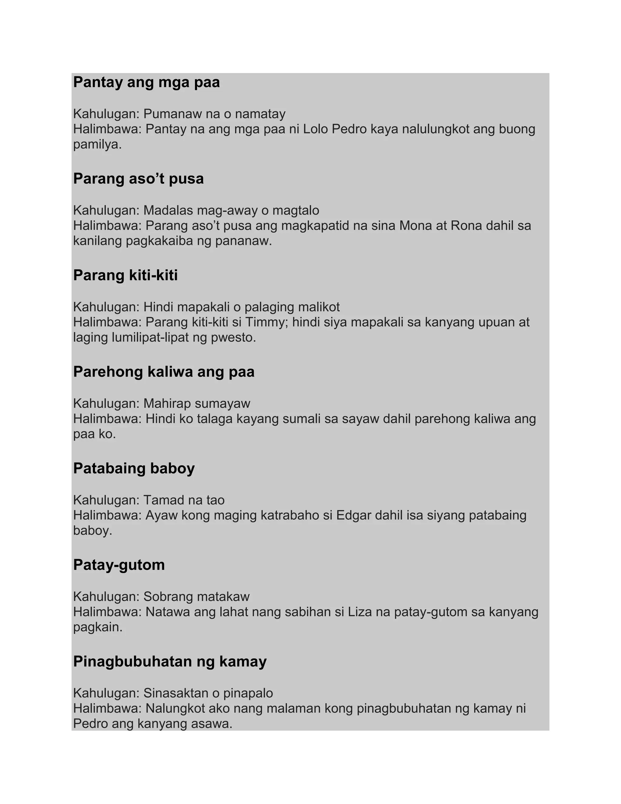 mga halimbawa ng sawikain para sa lahat ng antas | DOCX
