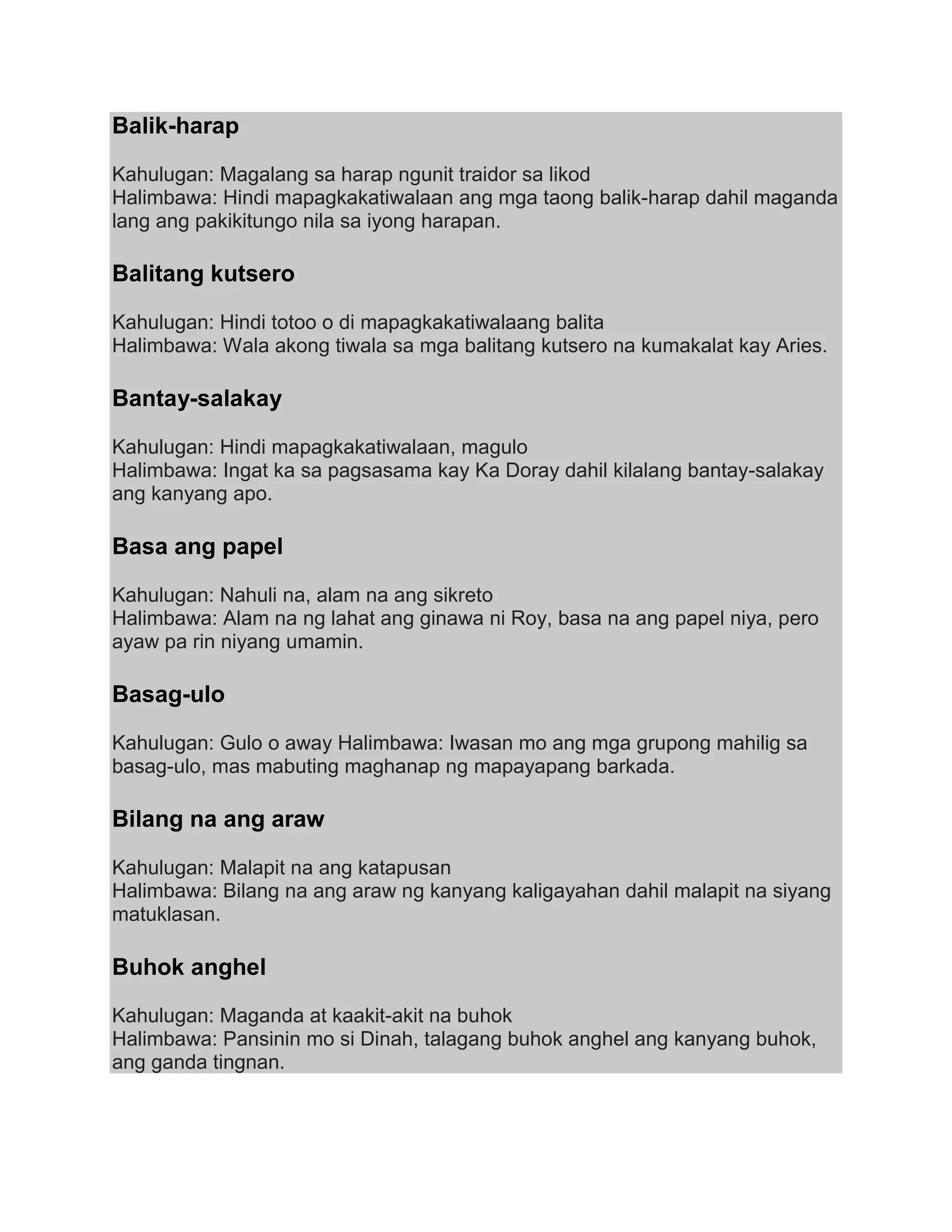 mga halimbawa ng sawikain para sa lahat ng antas | DOCX