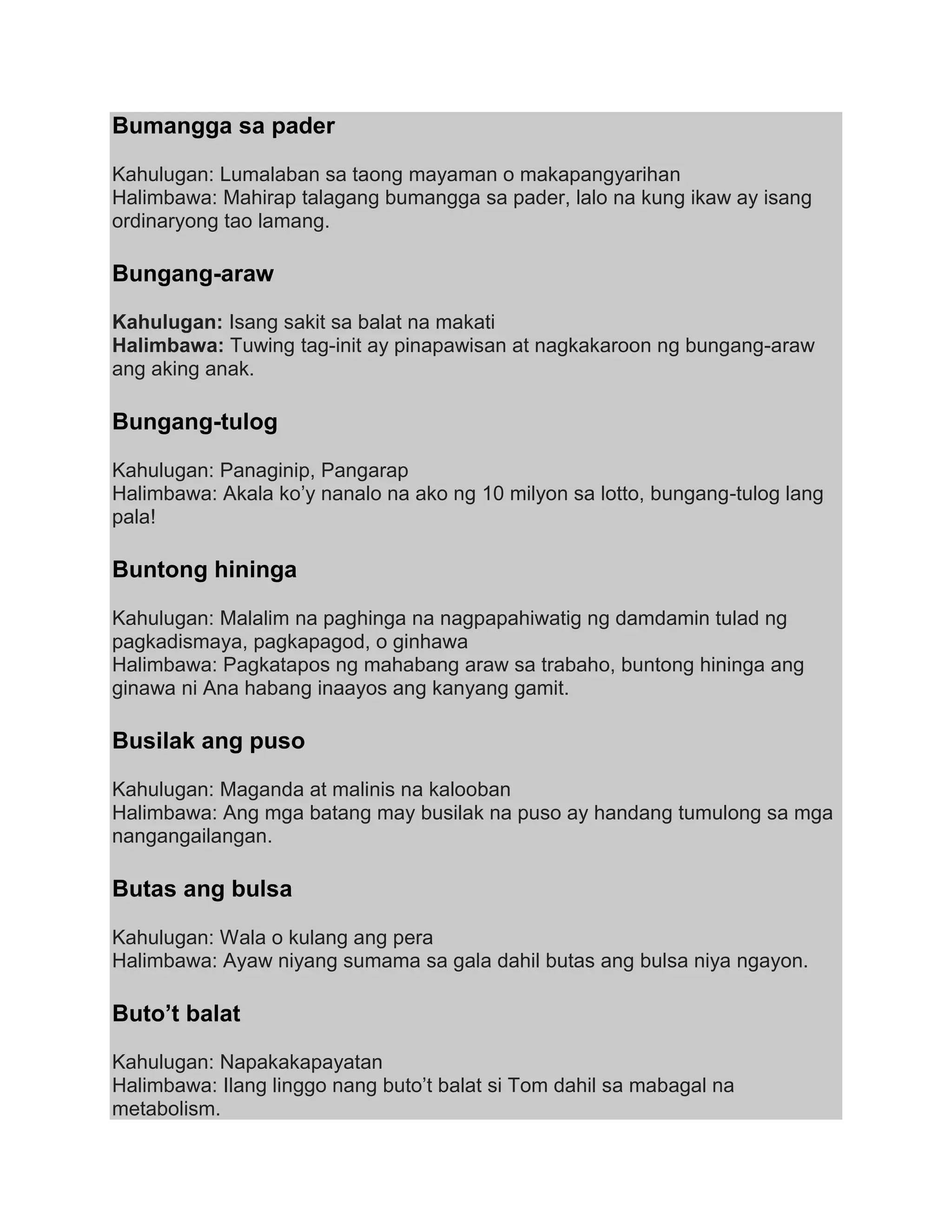 mga halimbawa ng sawikain para sa lahat ng antas | DOCX