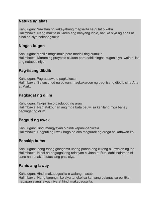 mga halimbawa ng sawikain para sa lahat ng antas | DOCX