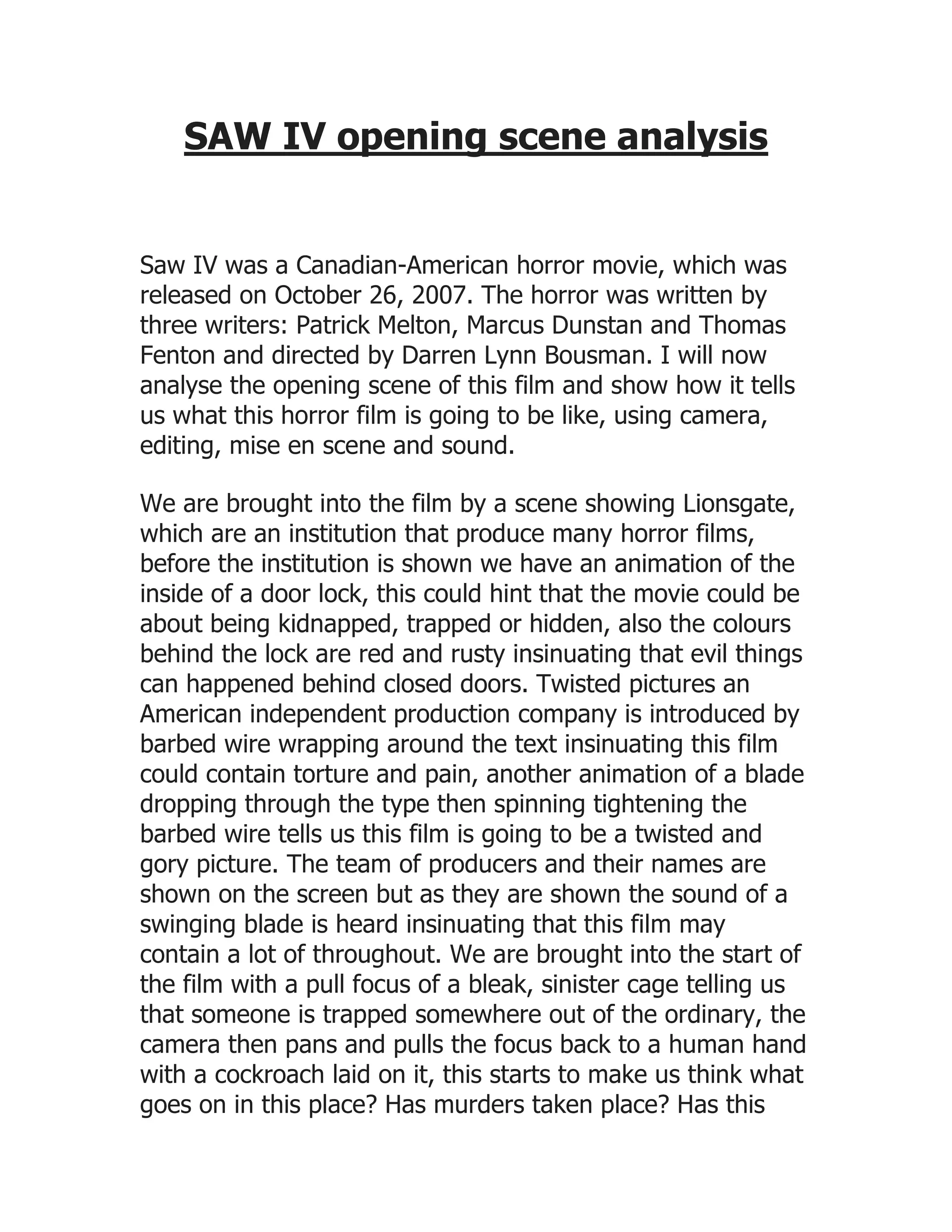Saw iv opening scene analysis | DOCX