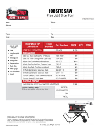 SawStop Job Site Saw Pricelist | PDF