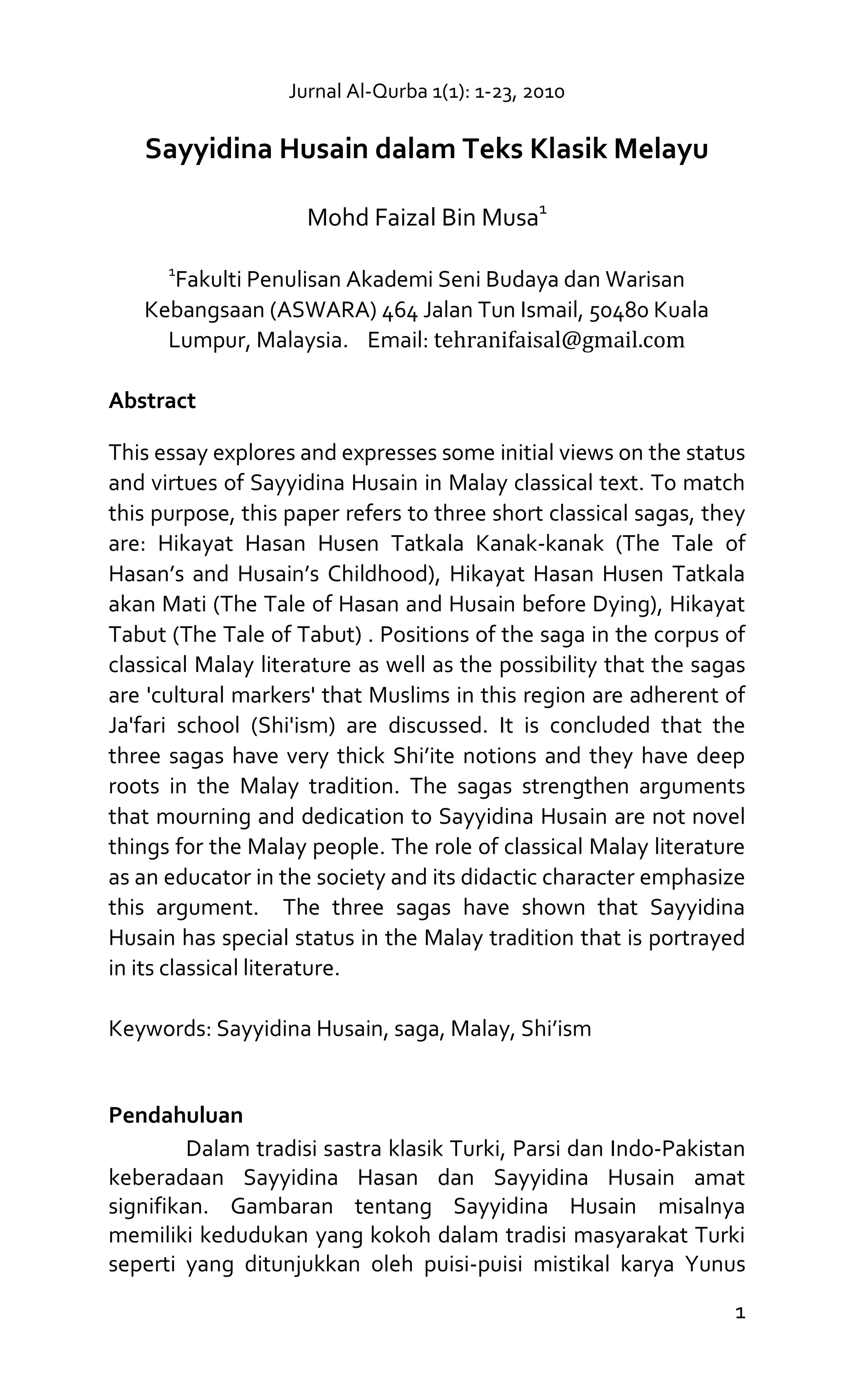 Sayyidina Husain dalam Teks Klasik Melayu | PDF