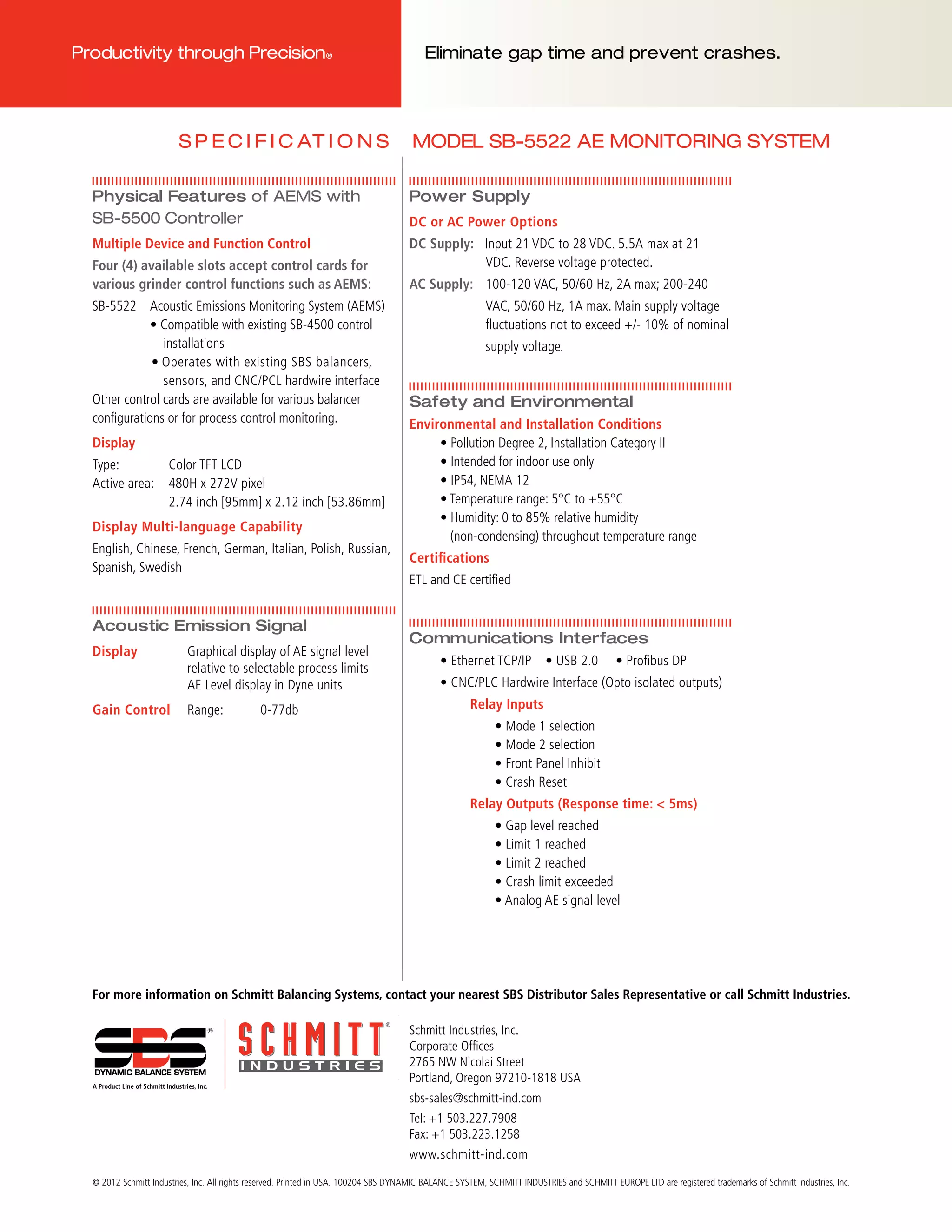 SBS Model SB 5522 Grinding Gap Monitoring by Schmitt Industries | PDF