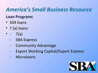 SBA Resources | PPT | Home Financing | Personal Debt