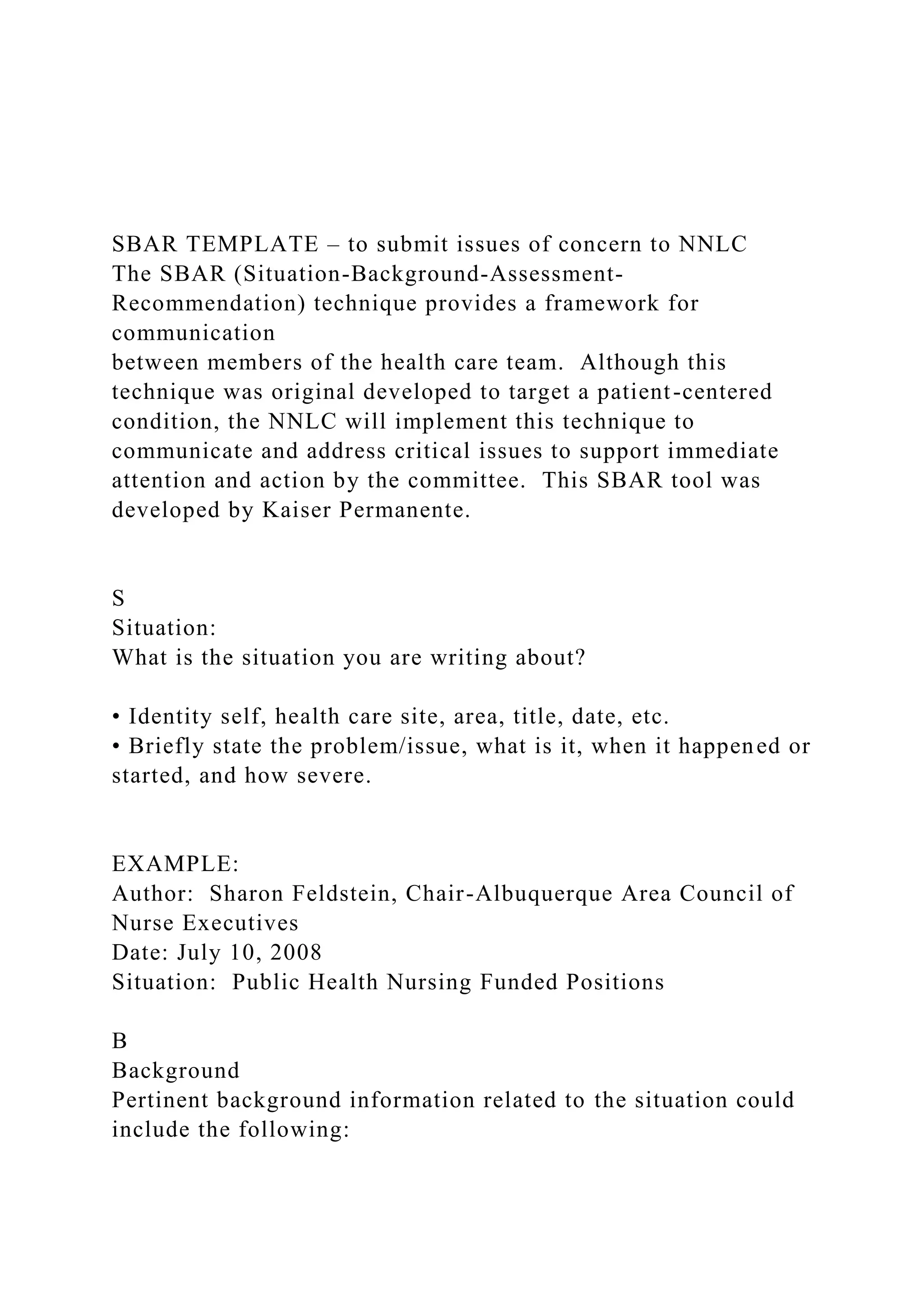 SBAR TEMPLATE – to submit issues of concern to NNLC The SBAR.docx