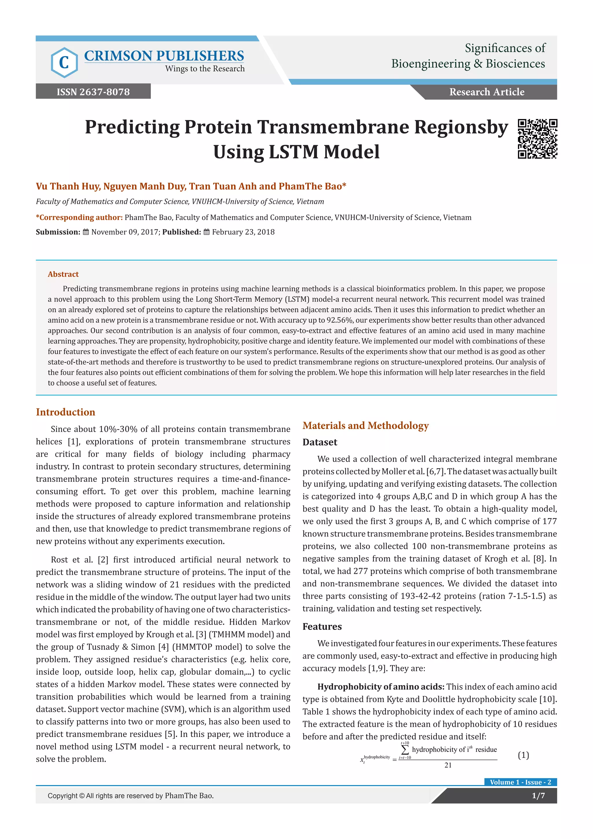Crimson Publishers-Predicting Protein Transmembrane Regionsby Using LSTM Model | PDF