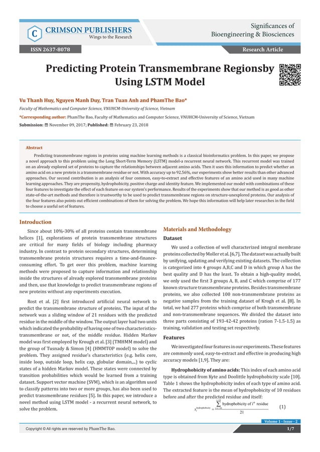 Crimson Publishers-Predicting Protein Transmembrane Regionsby Using LSTM Model | PDF