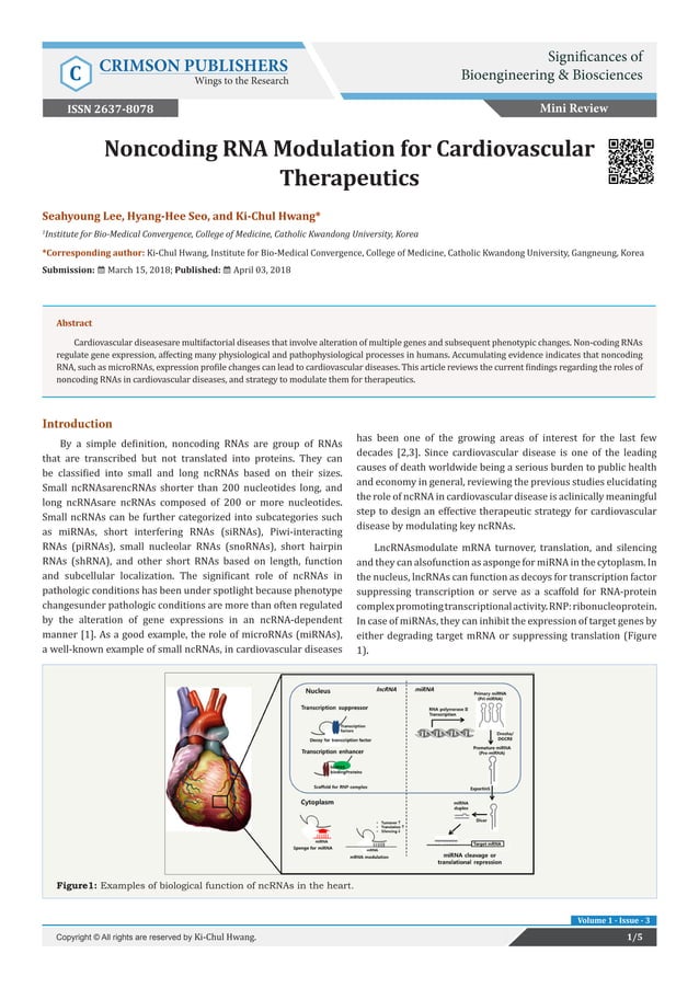 Crimson Publishers-Noncoding RNA Modulation for Cardiovascular Therapeutics | PDF