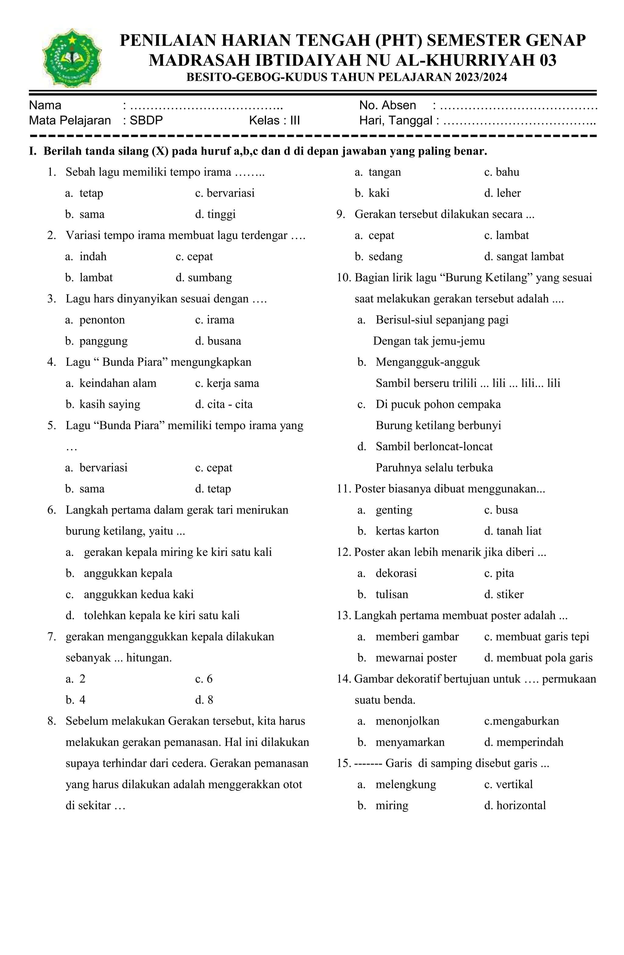 SOAL SBDP KELAS 3 SEMESTER GENAP TAHUN PELAJARAN 2023 2024 | DOCX