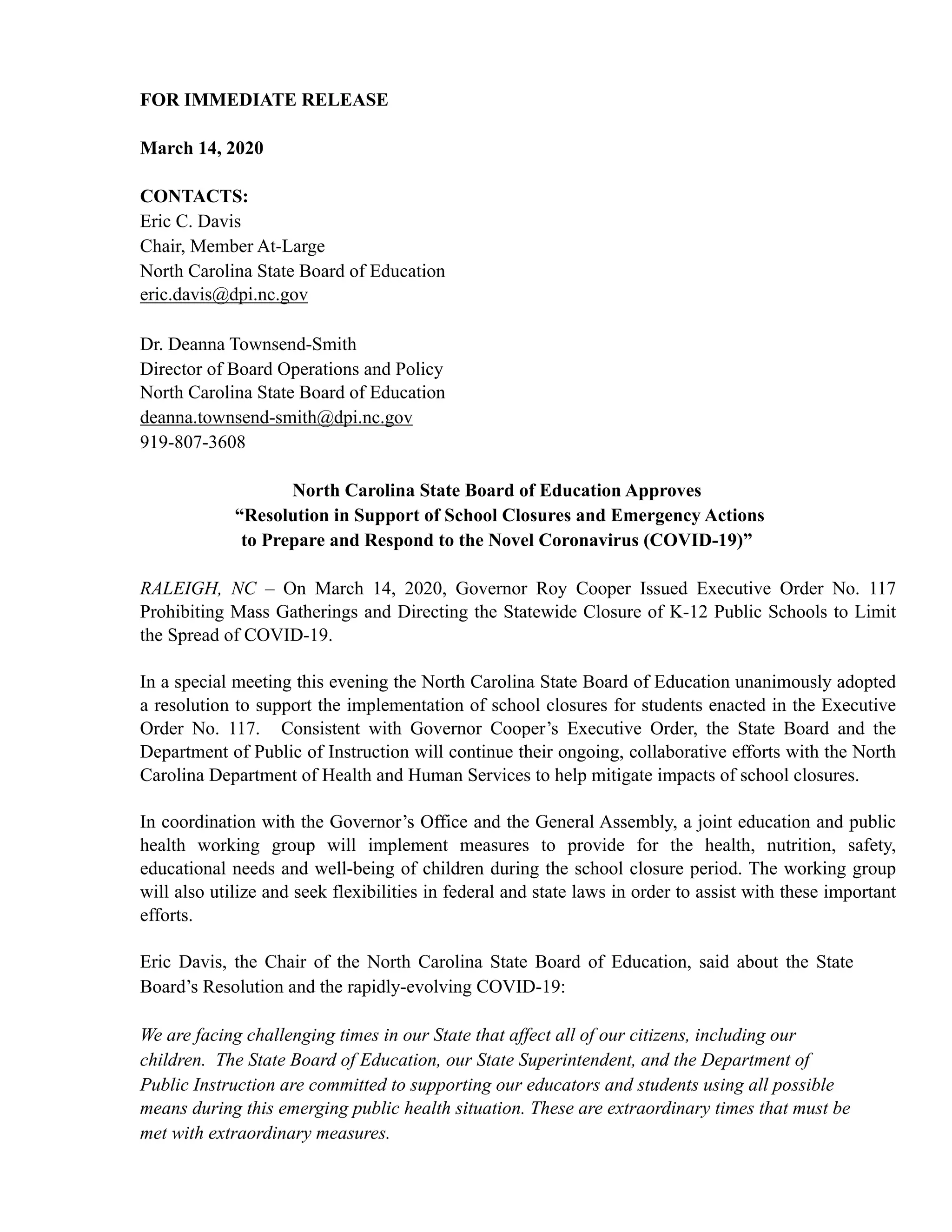 SBE statement on school closures | PDF