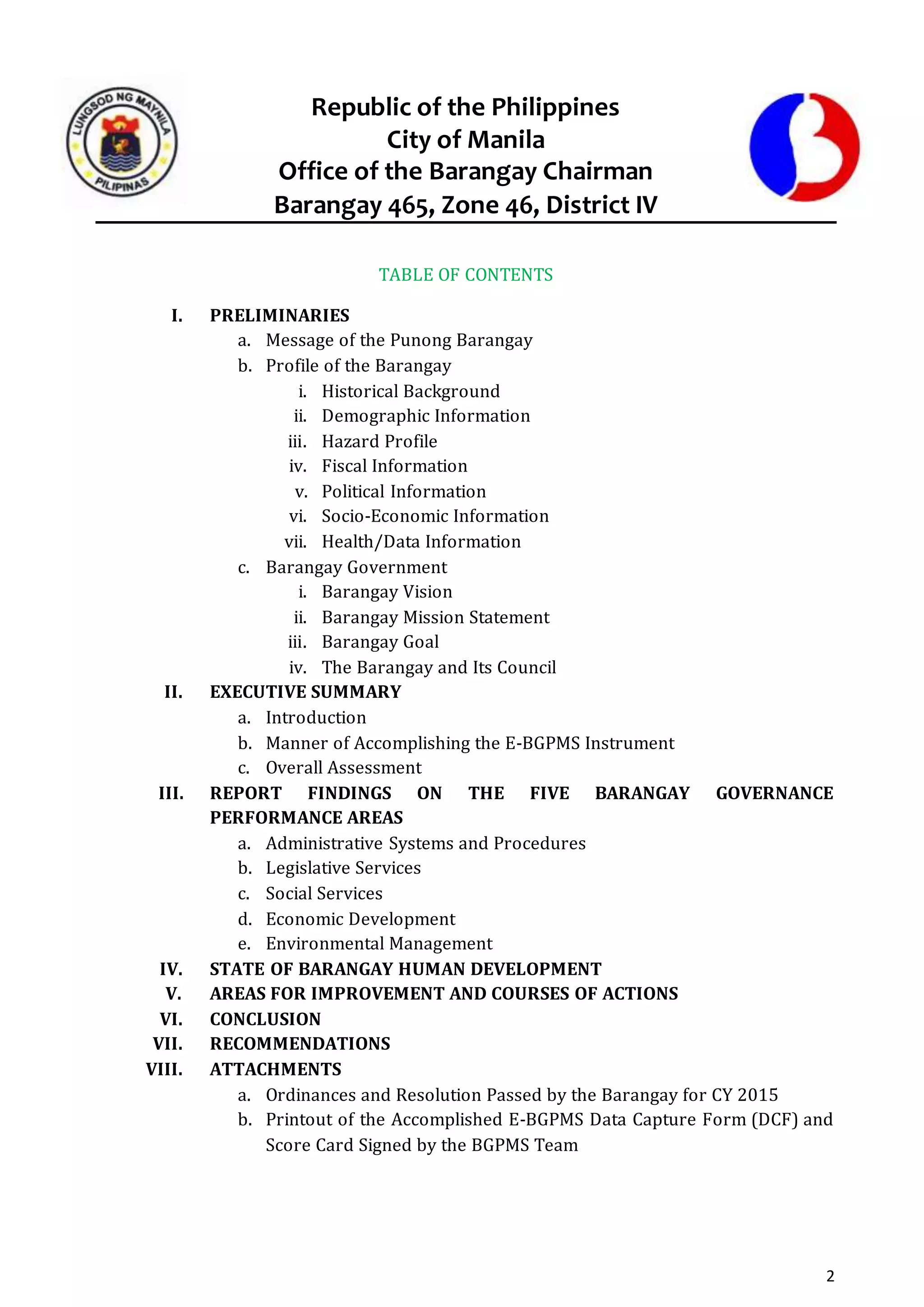 Barangay 465, Zone 46 State of Barangay Governance | DOCX