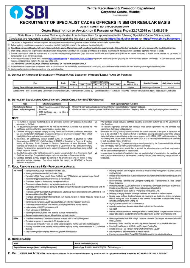 SBI Deputy General Manager Recruitment 2019 Online Form | PDF | Resume ...