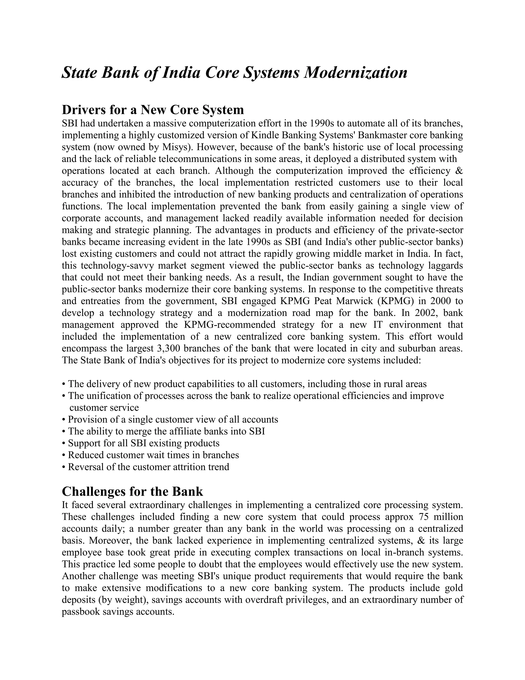 SBI: World’s Largest Centralized Core Processing Implementation | DOCX