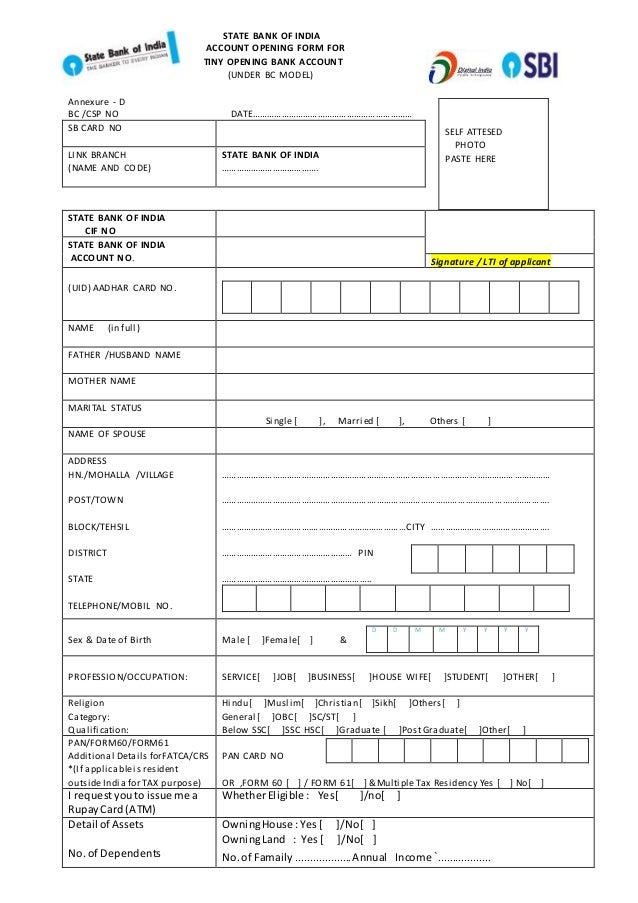 State Bank of India tiny account form under bc model