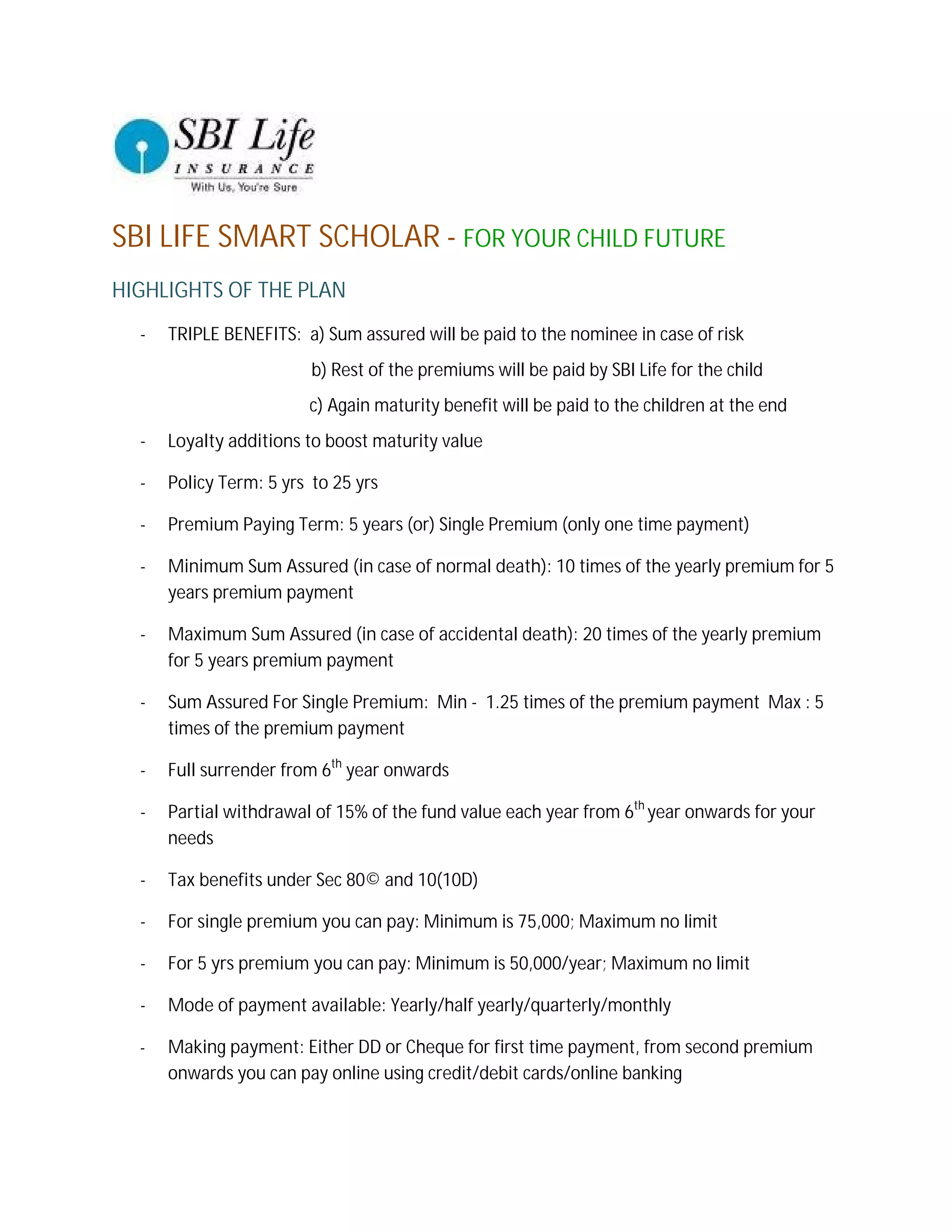 Sbi life smart scholar highlights | PDF