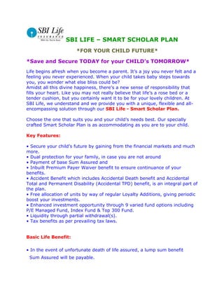 Sbi life smart scholar key features | PDF