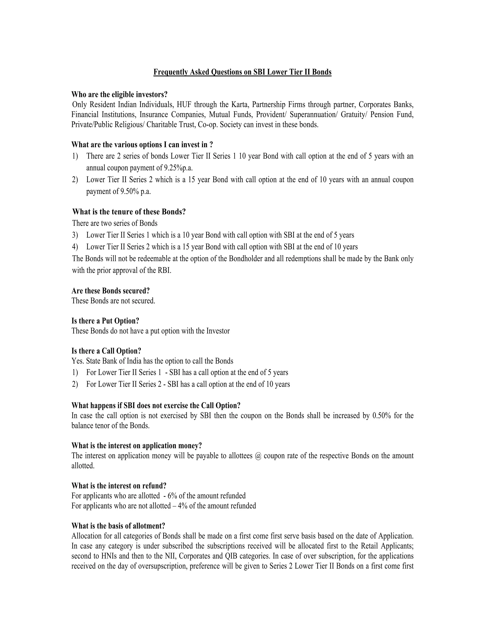Frequently Asked Questions on SBI Lower Tier II Bonds | PDF