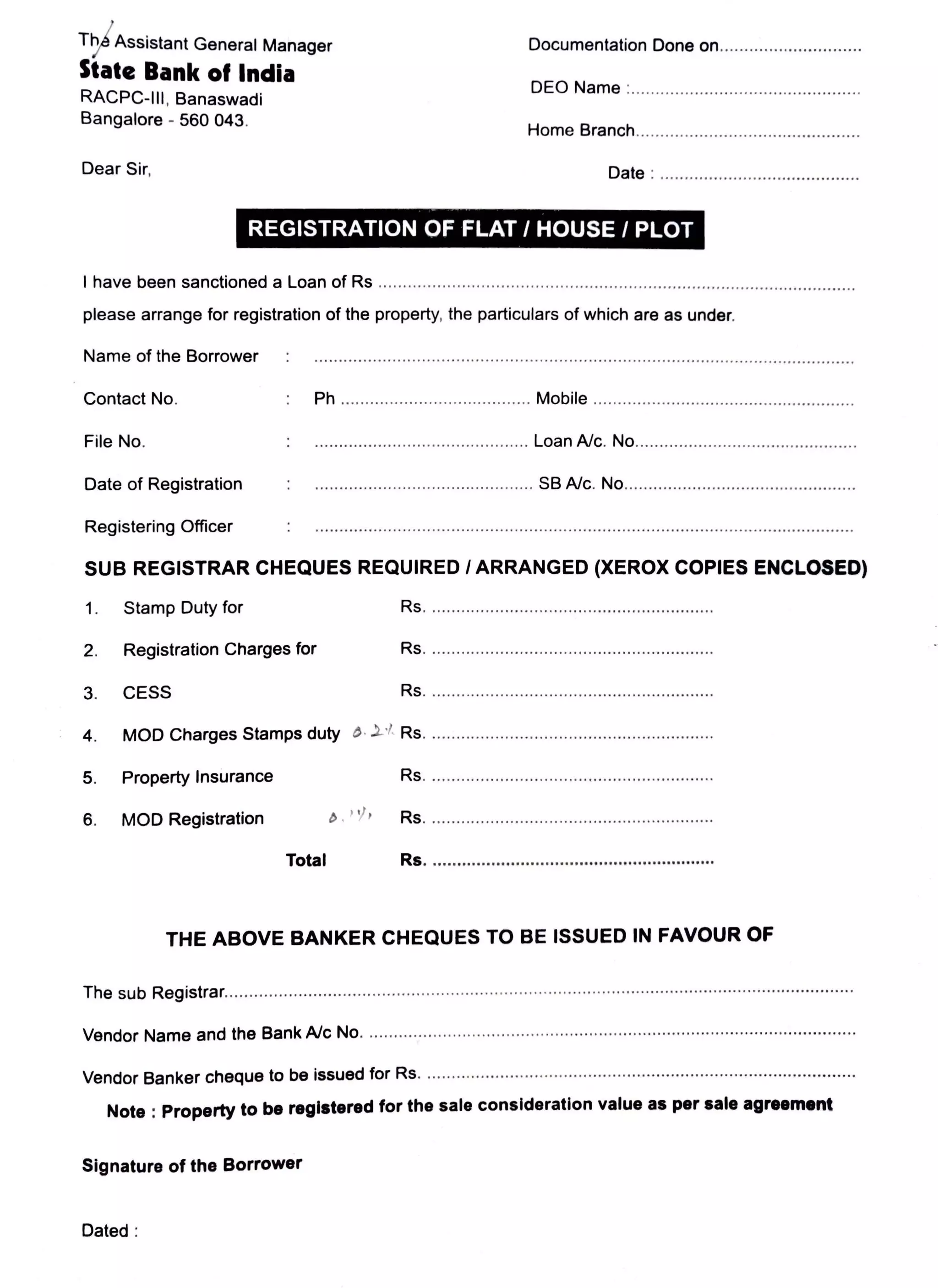 State Bank of India - Flat/House/Plot Registration Request Form | PDF