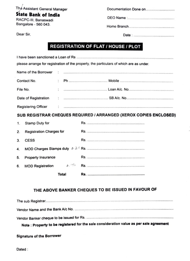 State Bank of India - Flat/House/Plot Registration Request Form | PDF