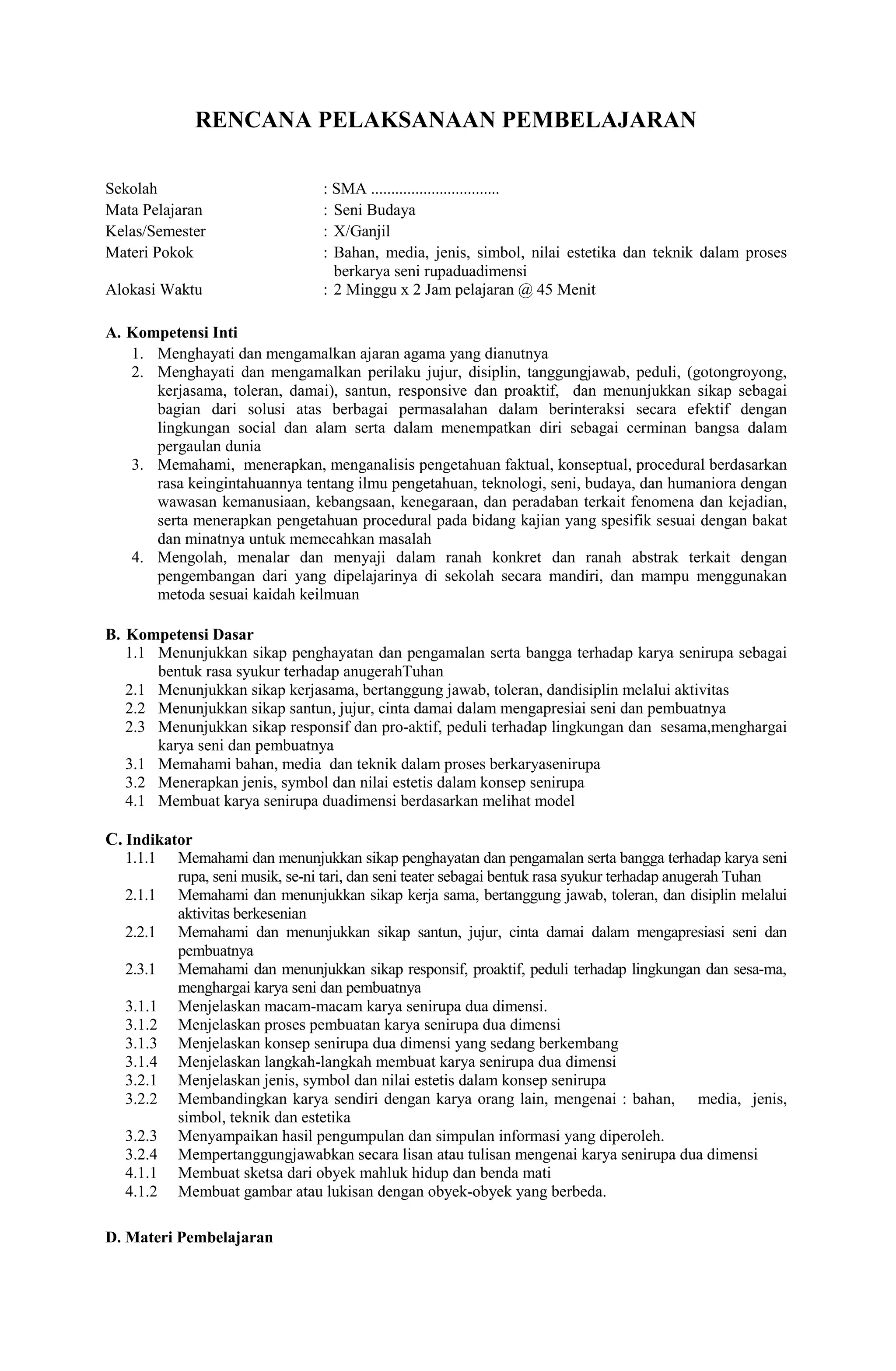 RPP Seni Budaya SMA Kelas X | PDF