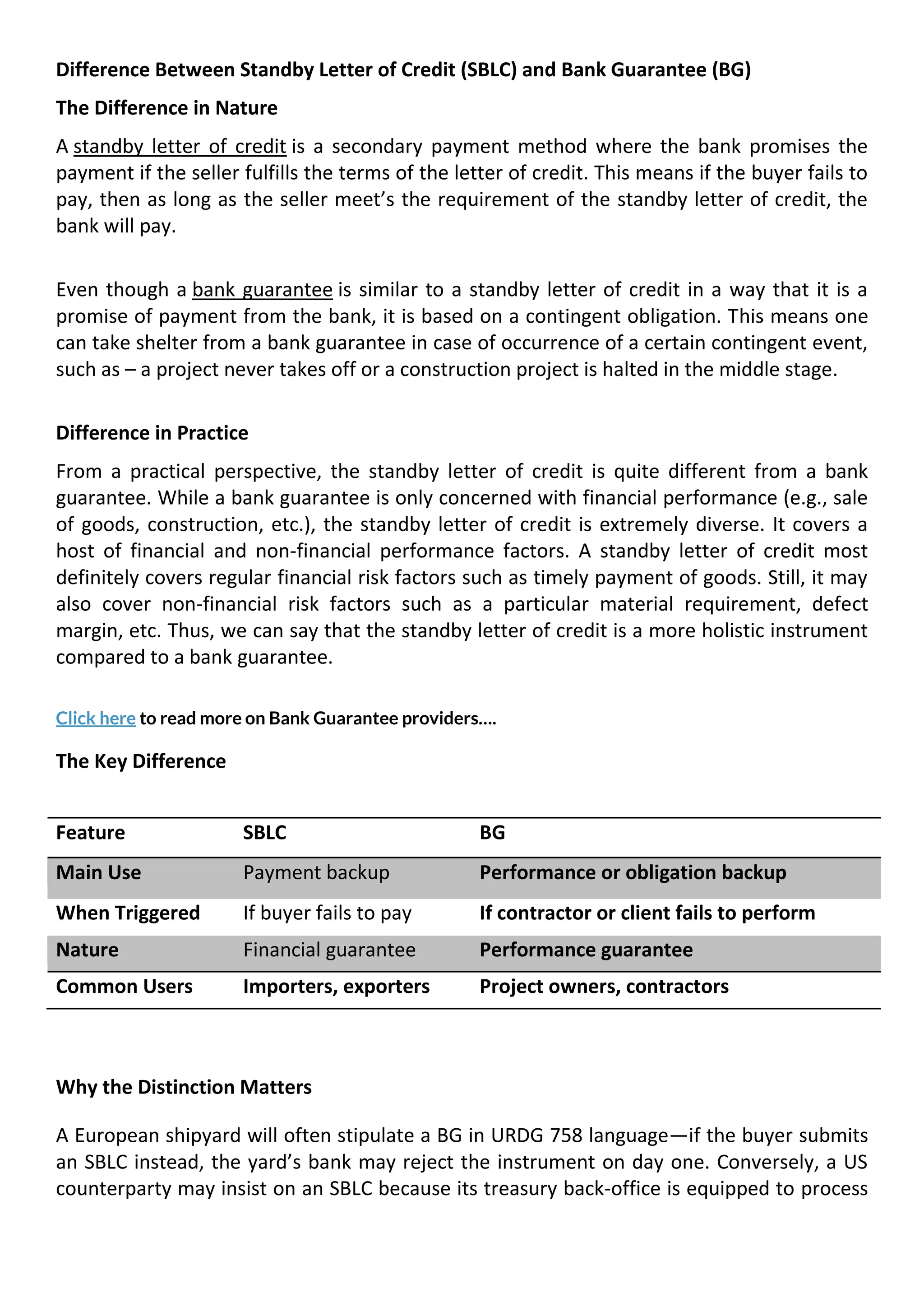 SBLC vs Bank Guarantee: Key Differences Explained | PDF