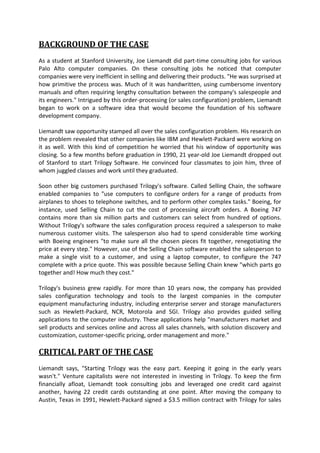CASE STUDY ON TRILOGY SOFTWARE INC AND THE BONNEAU COMPANY | DOCX