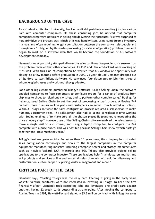 CASE STUDY ON TRILOGY SOFTWARE INC AND THE BONNEAU COMPANY | DOCX
