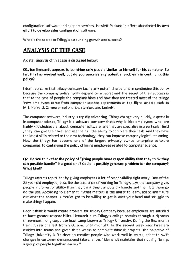 CASE STUDY ON TRILOGY SOFTWARE INC AND THE BONNEAU COMPANY | DOCX