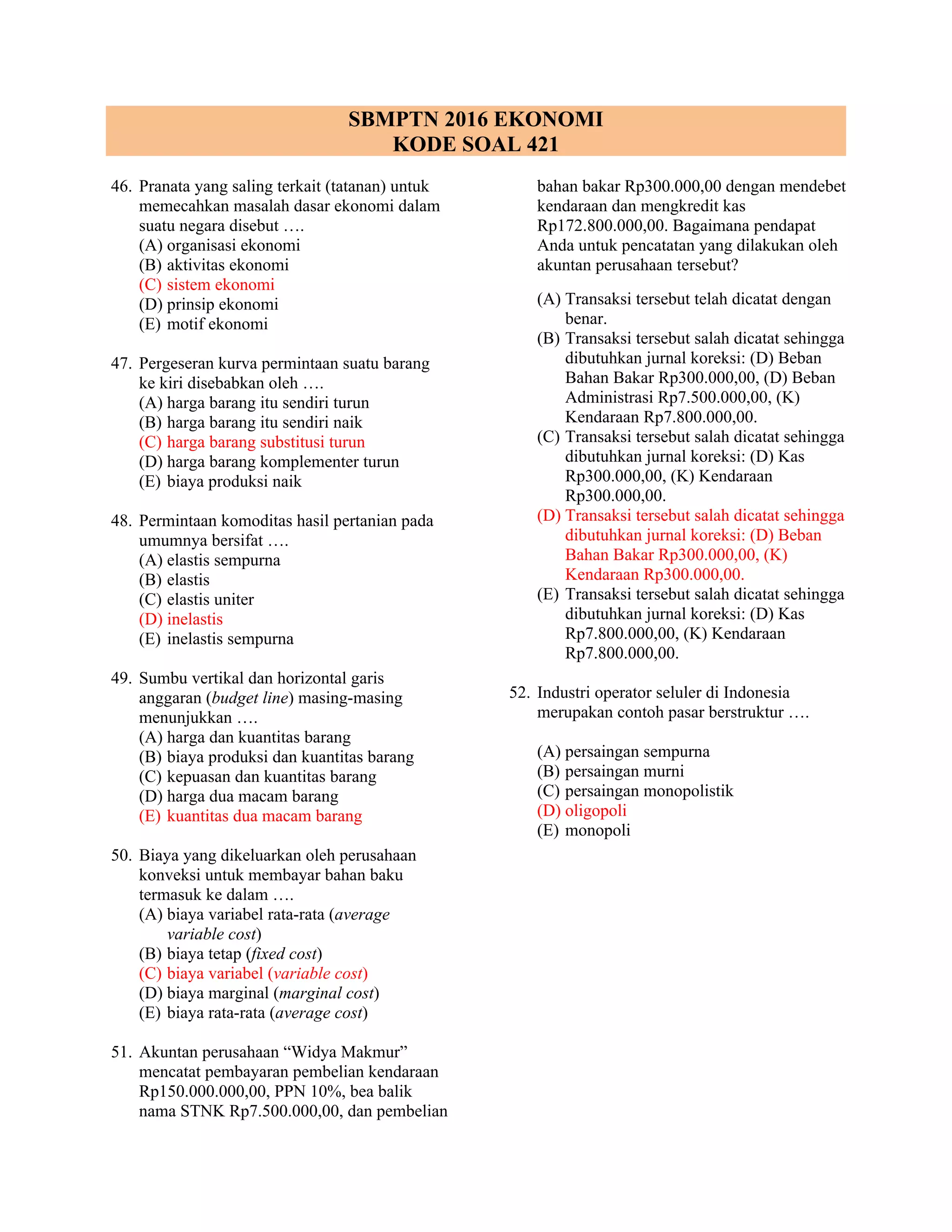 Soal Sbmptn 2016 ekonomi kode soal 421 | PDF
