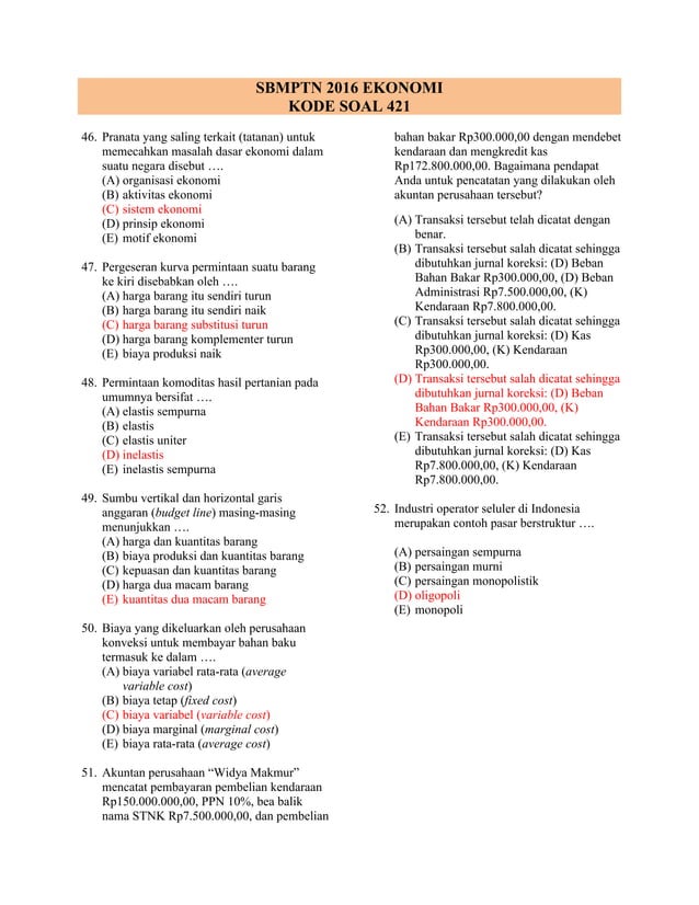 Soal Sbmptn 2016 ekonomi kode soal 421 | PDF