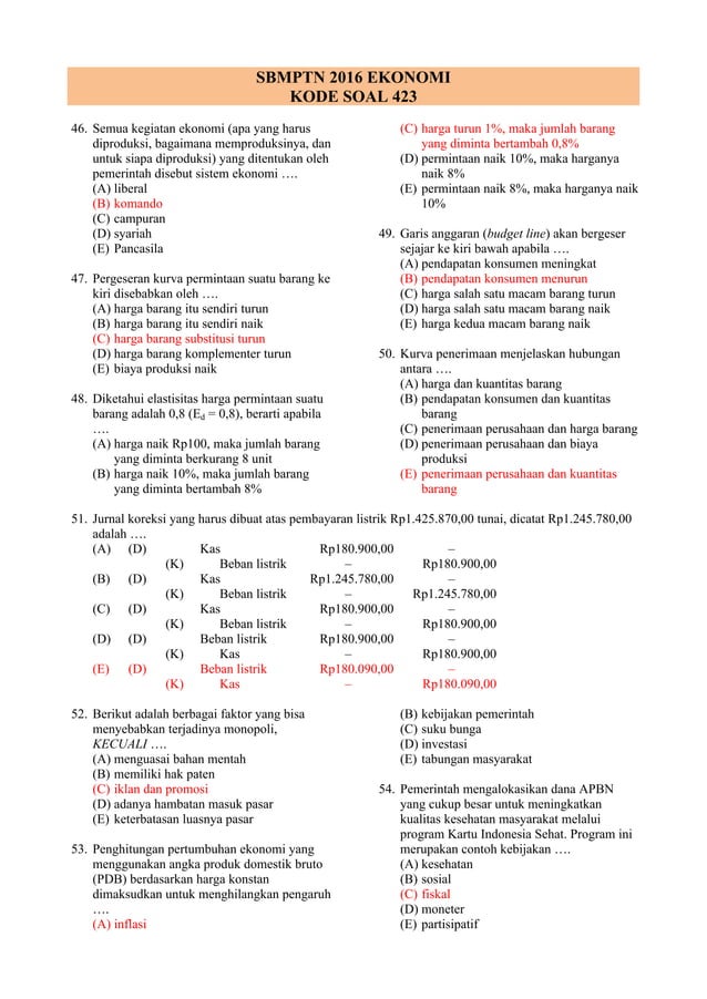 Soal Sbmptn 2016 ekonomi kode soal 423 | PDF
