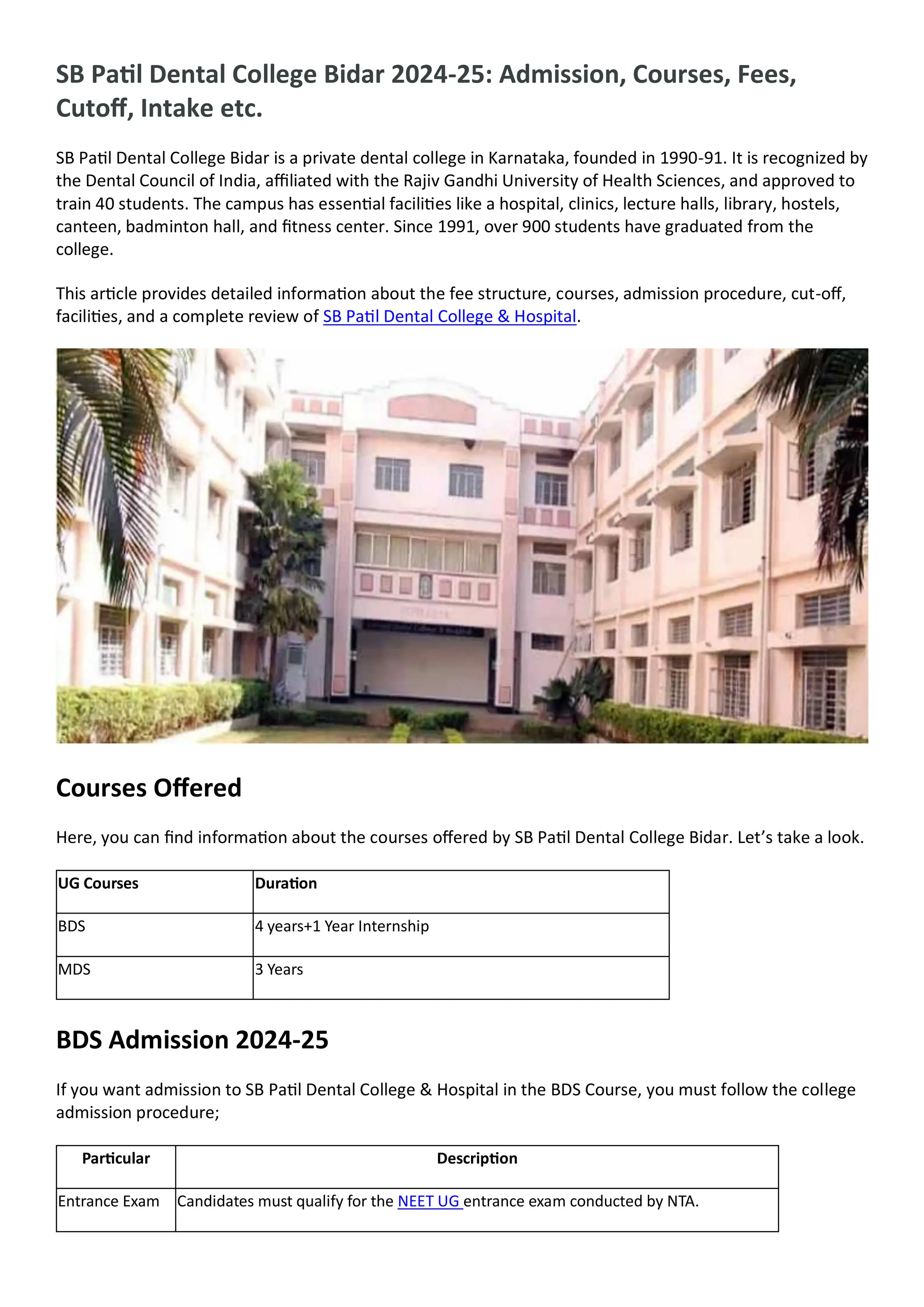 SB Patil Dental College Bidar 2024-25: Admission, Courses, Fees, Cutoff, Intake etc. | PDF
