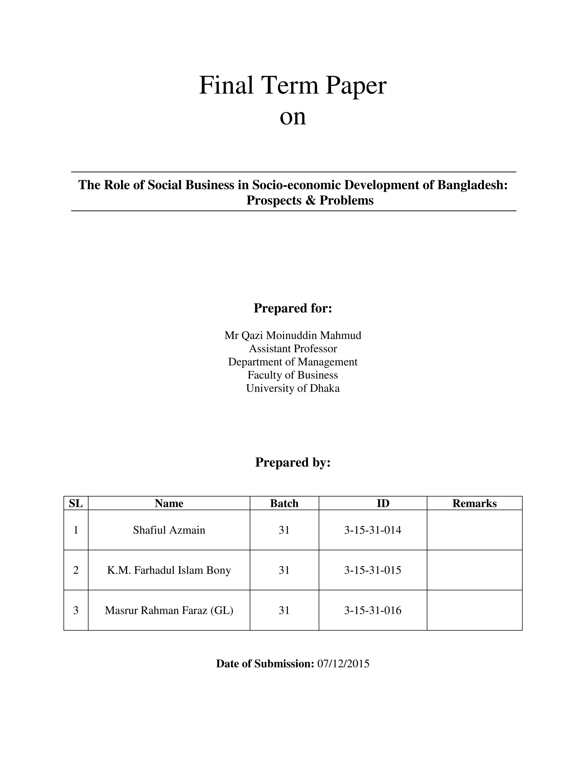 The Role of Social Business in Socio-economic Development of Bangladesh ...