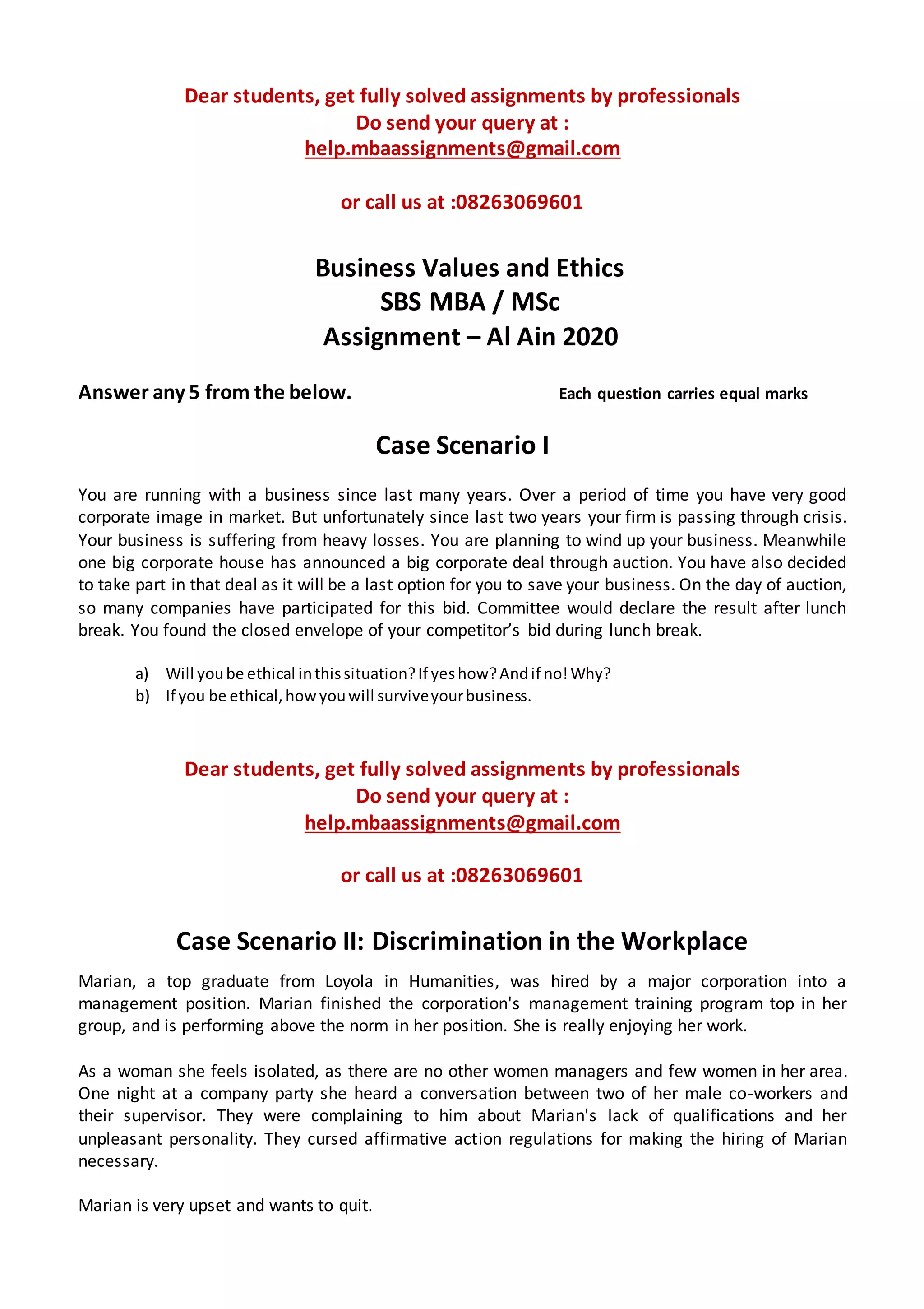 Sbs mba 2020 case studies business values and ethics | DOCX