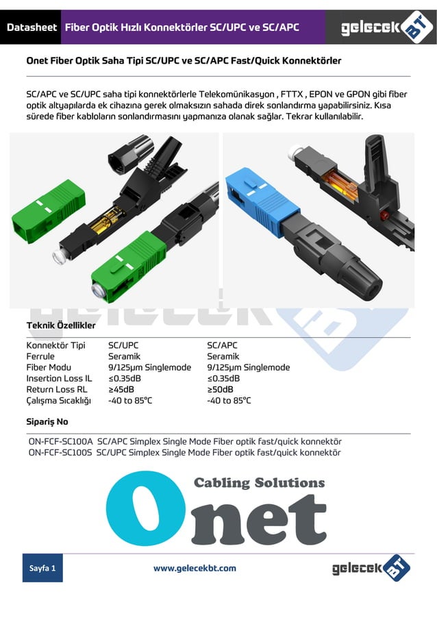 Onet Fiber Optik Saha Tipi SC/UPC ve SC/APC Fast/Quick Konnektörler | PDF