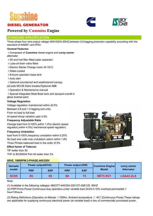 Sc95 Cummins generator Data Sheet | PDF