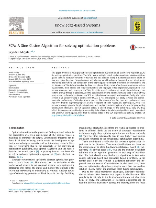 Sca A Sine Cosine Algorithm For Solving Optimization Problems Pdf