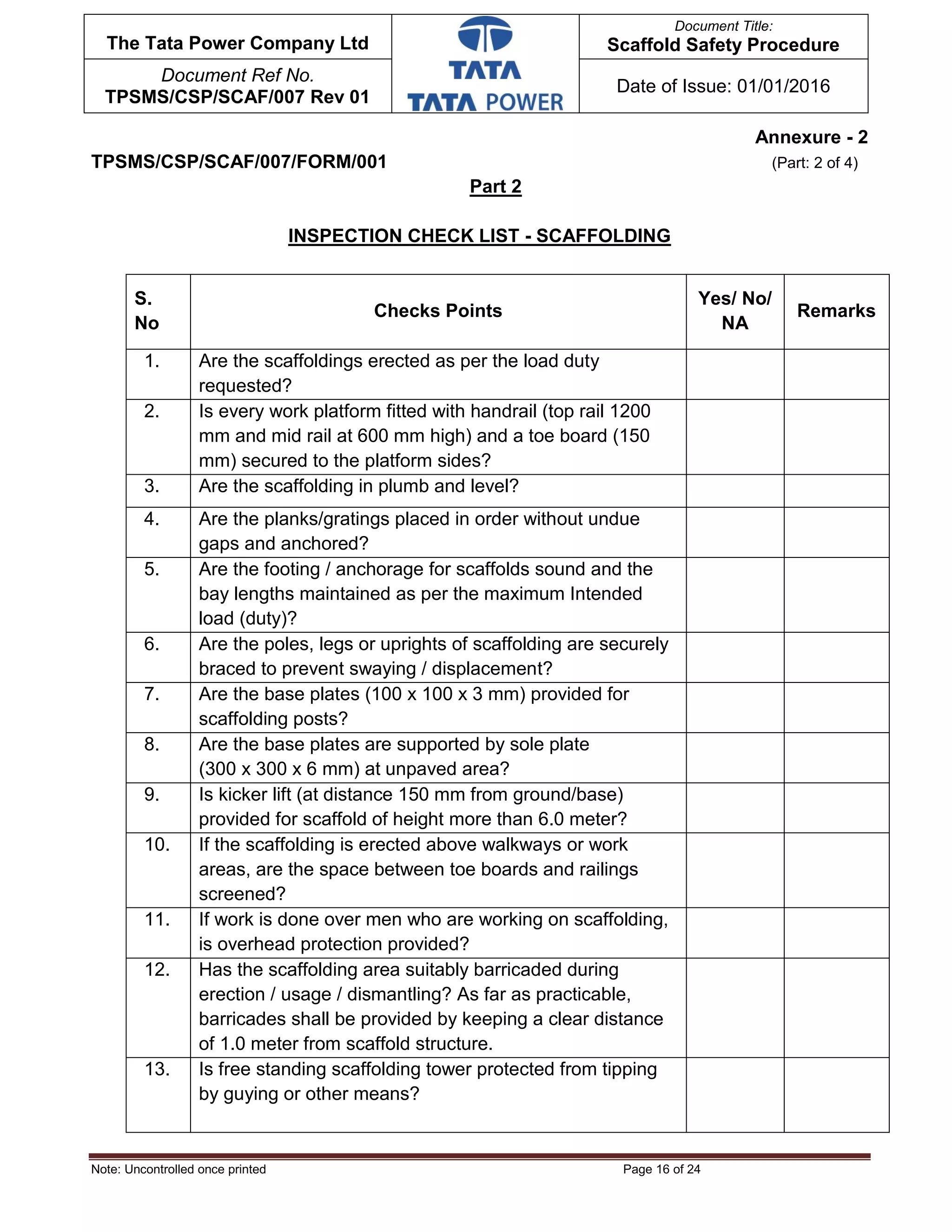 Scaffold safety Procedure | PDF