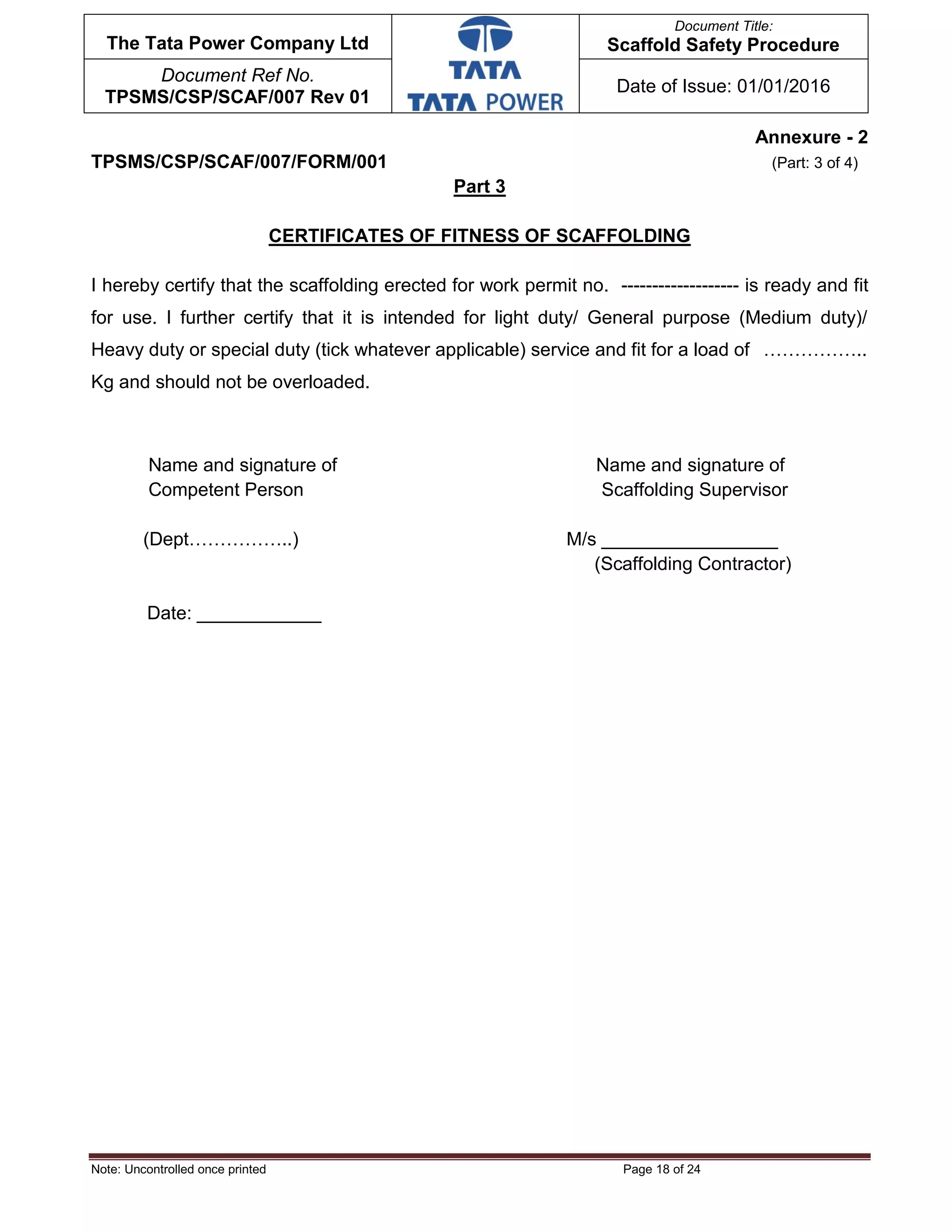 Scaffold safety Procedure | PDF