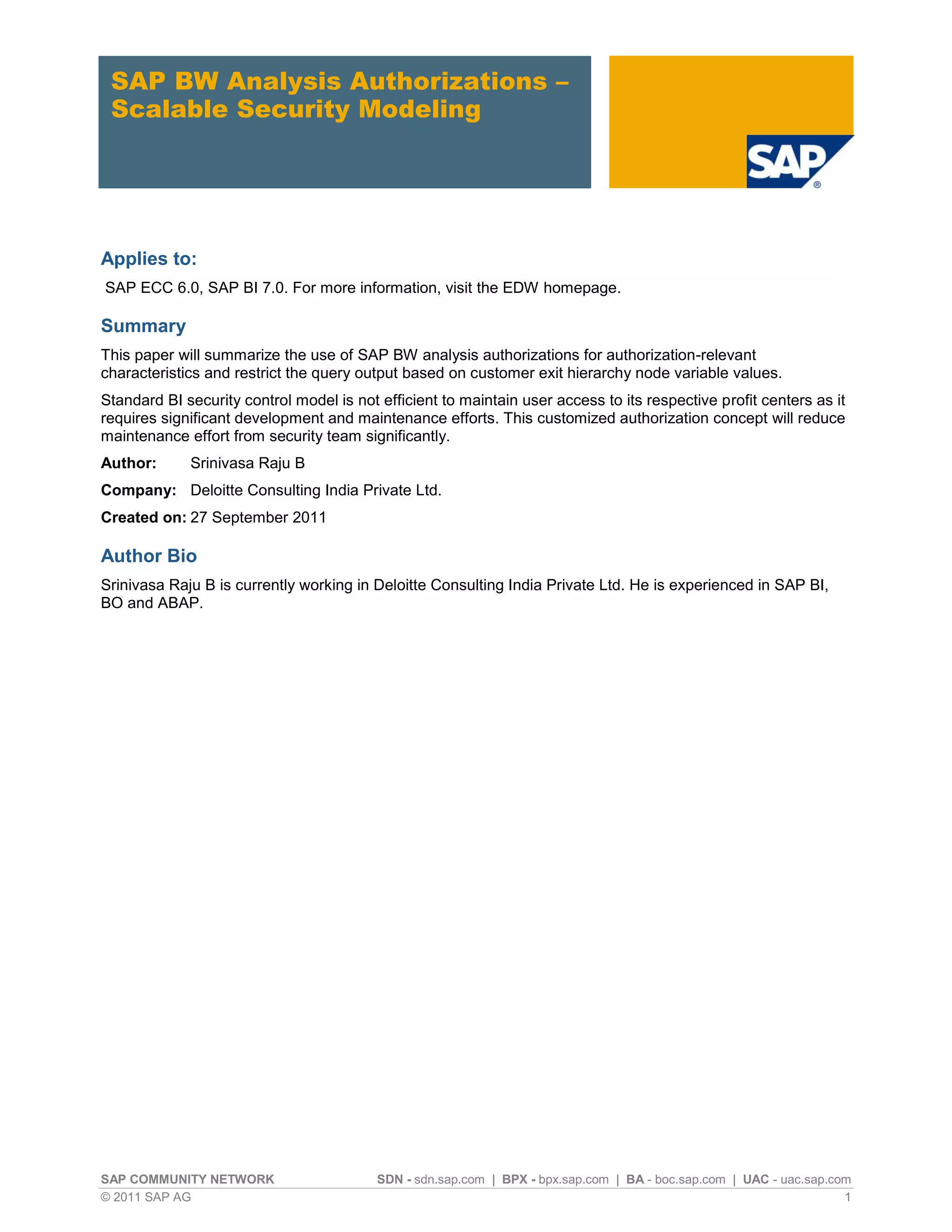 Scalable security modeling sap bw analysis authorizations | PDF