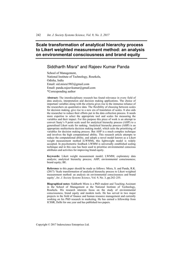 Scale transformation of analytical hierarchy process to likert weighted measurement method an ...