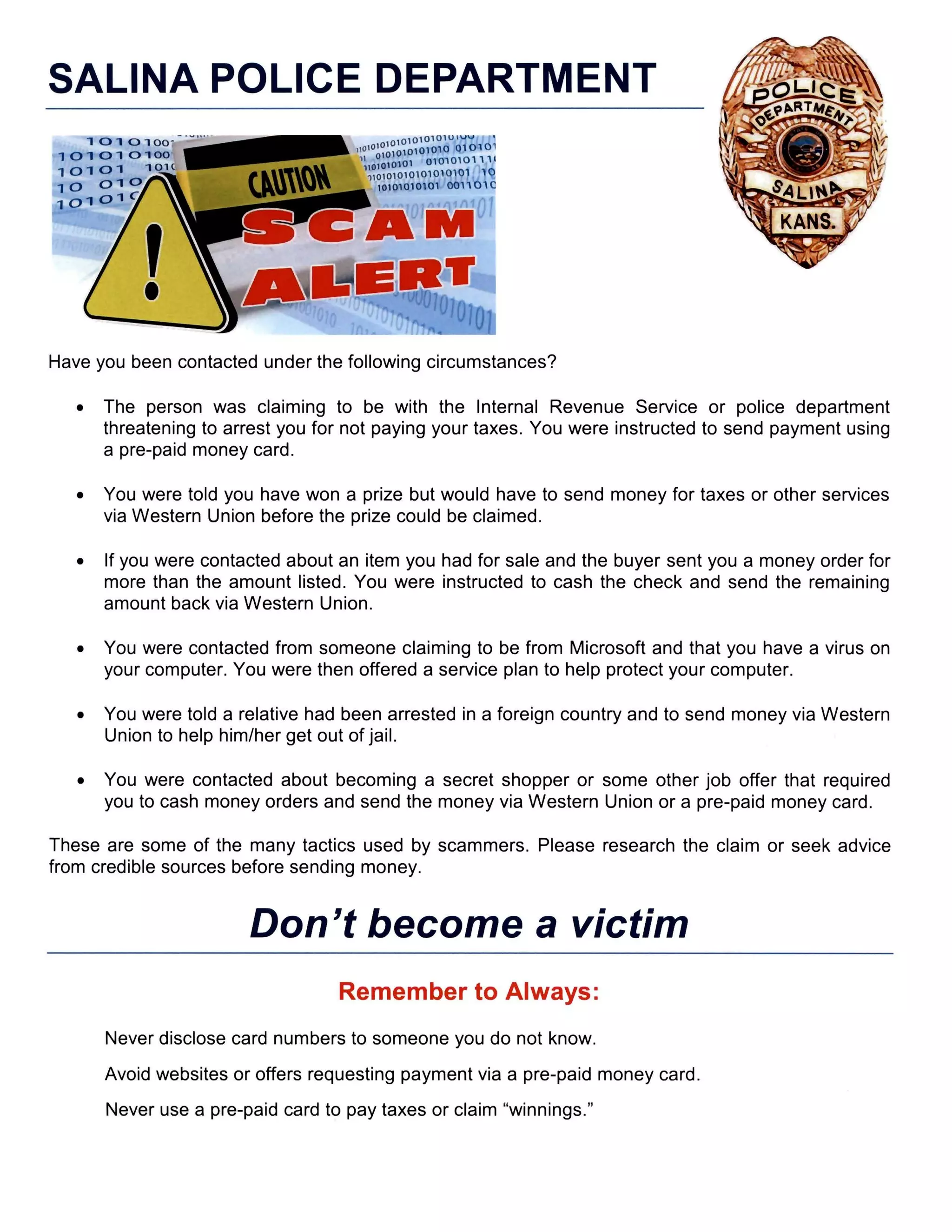 City of Salina Police Department-Scam Alert | PDF