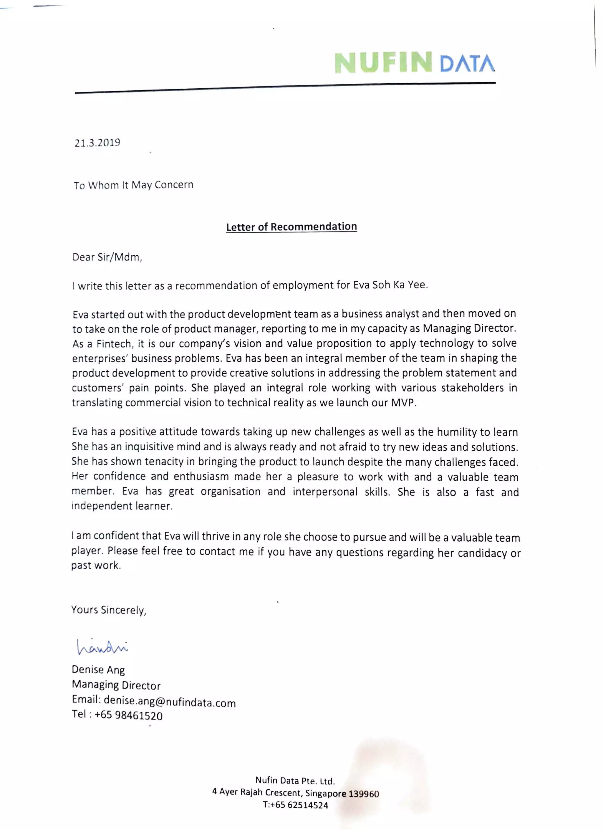 Letter of Recommendation by Managing Director | PDF
