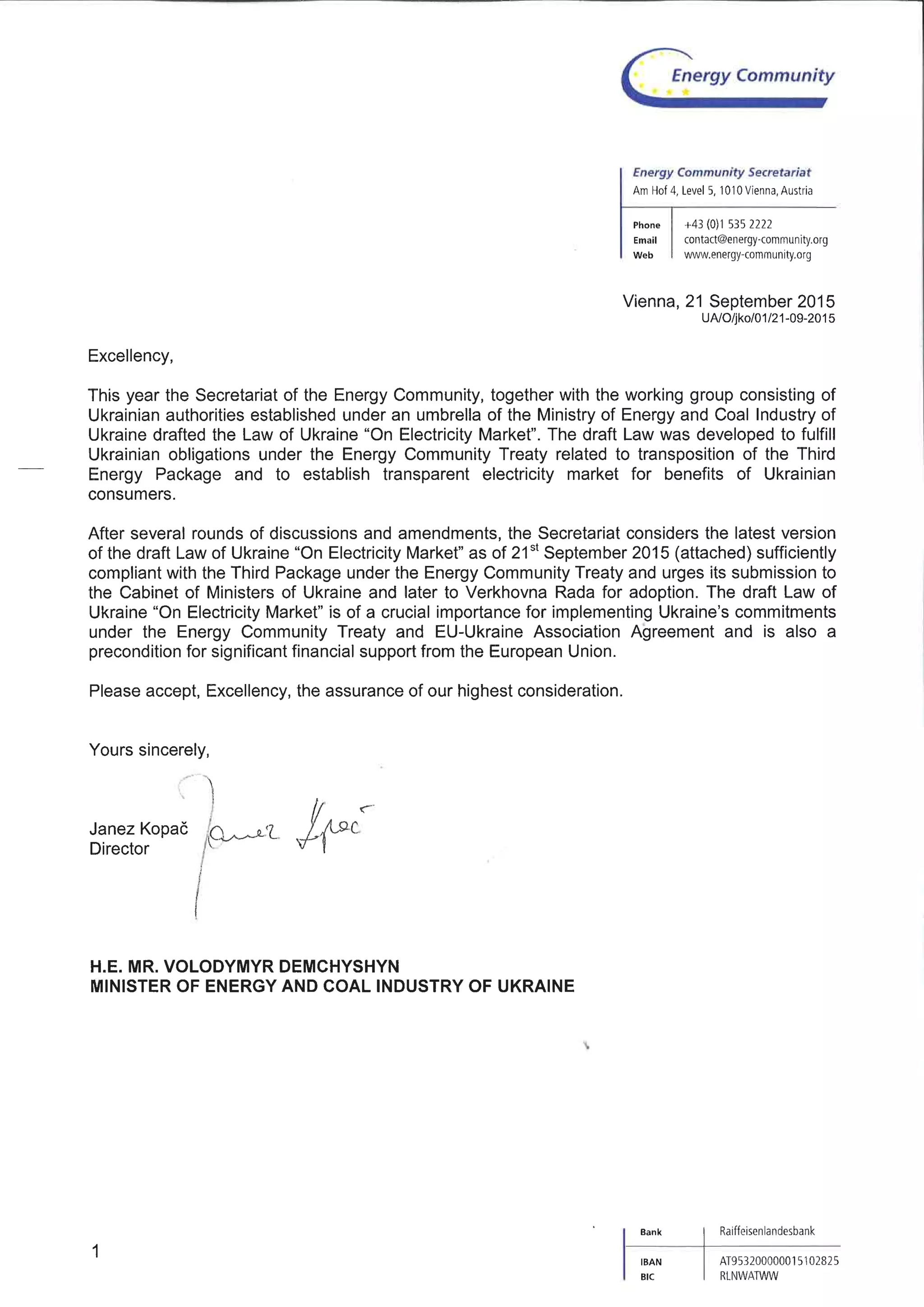 Supporting letter of EcS on the Draft law on electricity market | PDF