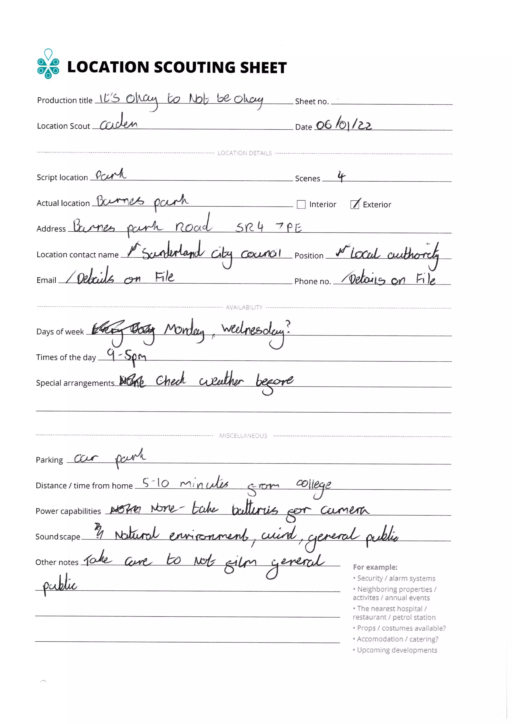 Location Scouting Sheet Park | PDF