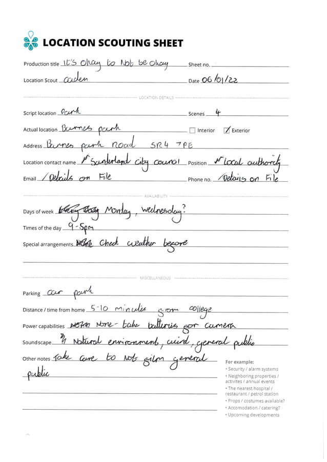 Location Scouting Sheet Park | PDF