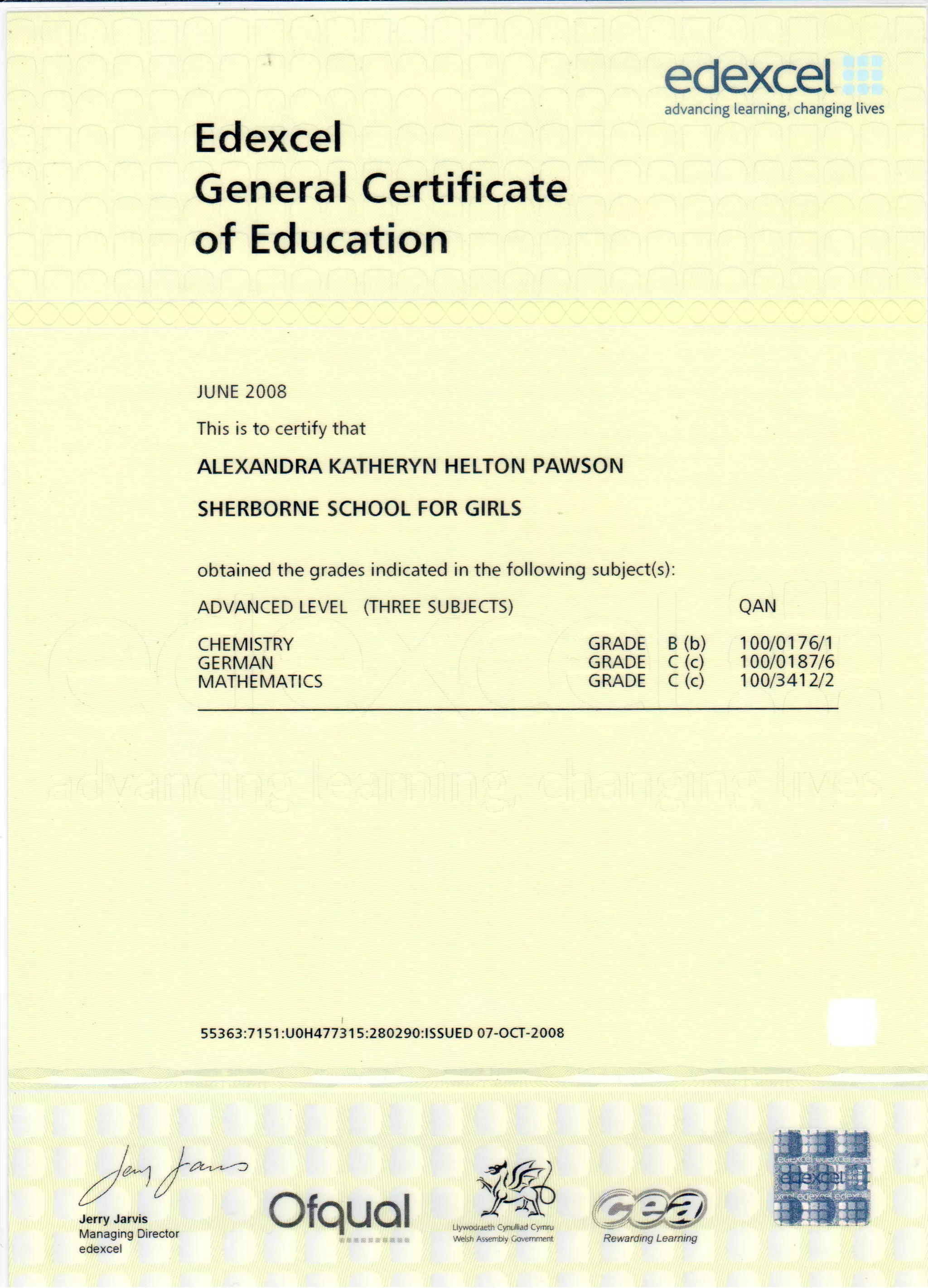 GCE (General Certificate of Education) issued to Alexandra K Pawson ...